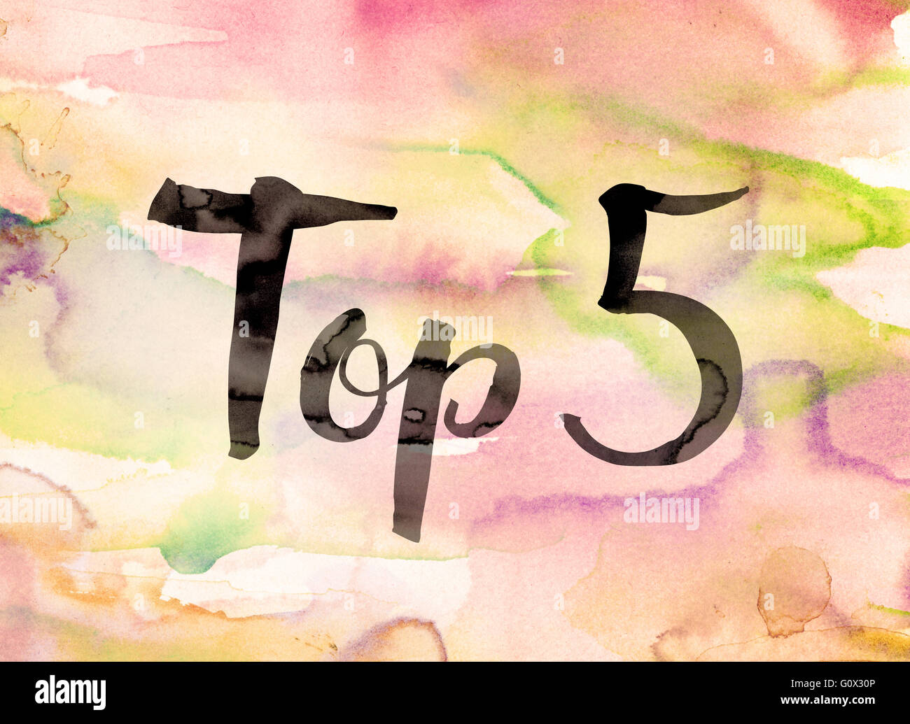 The words "Top 5" written in black paint on a colorful watercolor ...