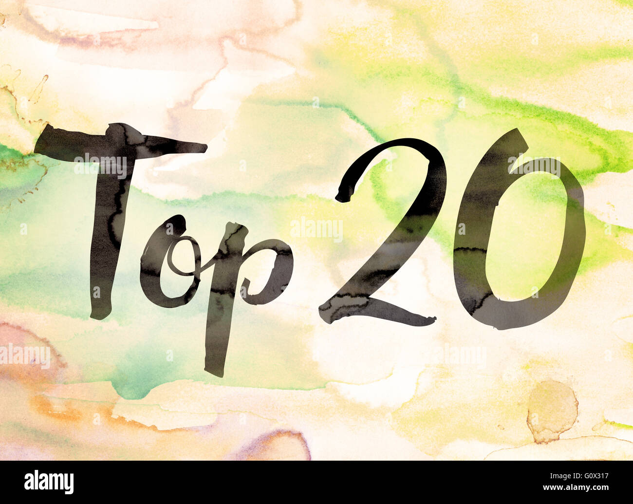 The words "Top 20" written in black paint on a colorful watercolor ...