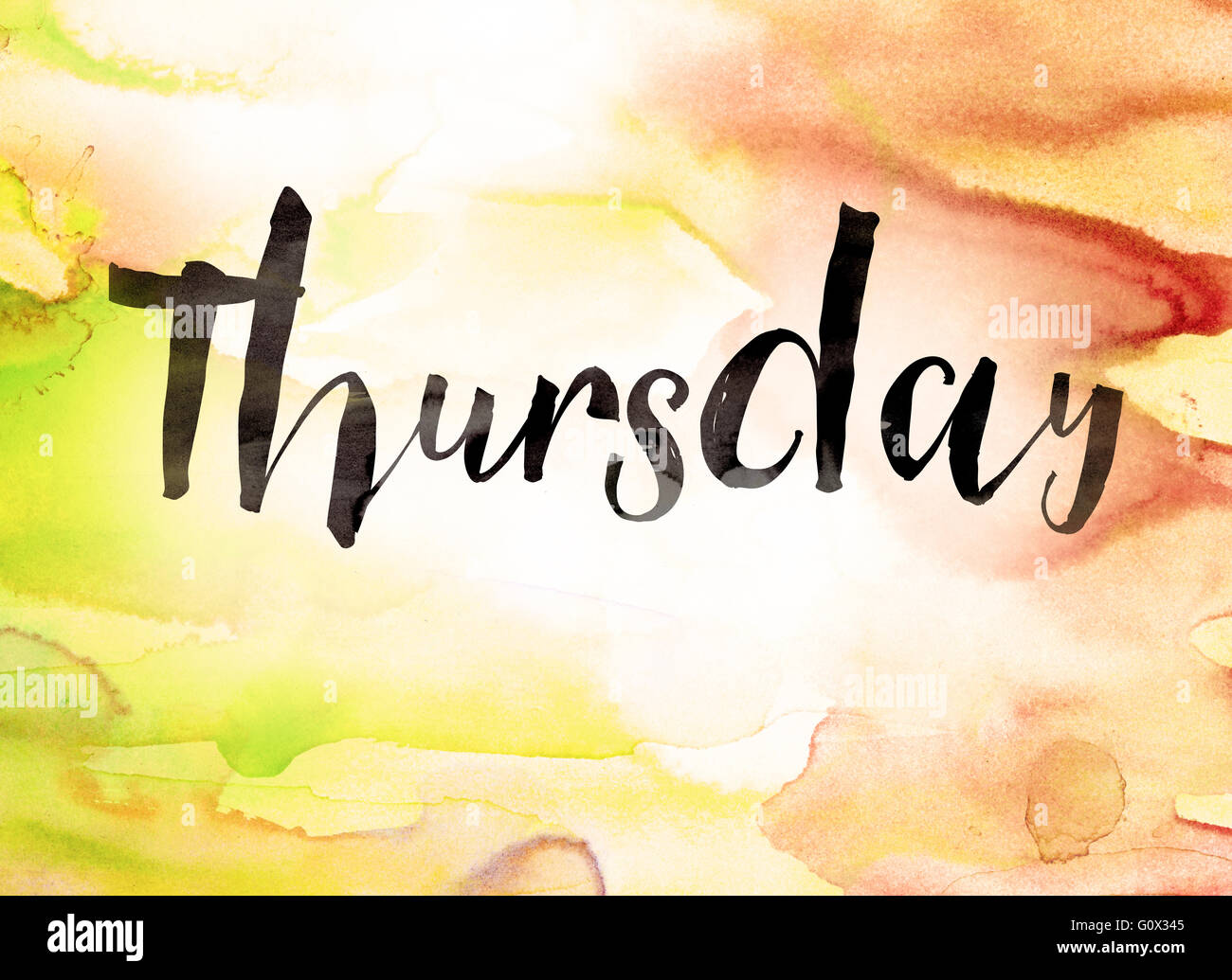 The word "Thursday" written in black paint on a colorful watercolor ...