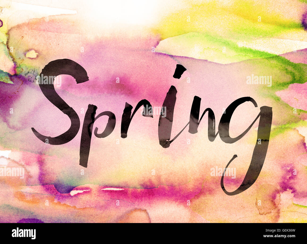 The word "Spring" written in black paint on a colorful watercolor ...