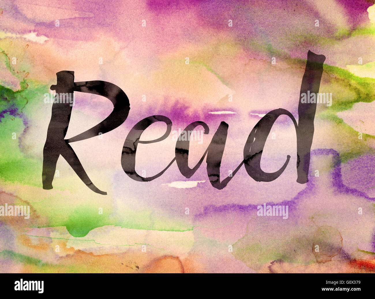 The word "Read" written in black paint on a colorful watercolor washed ...