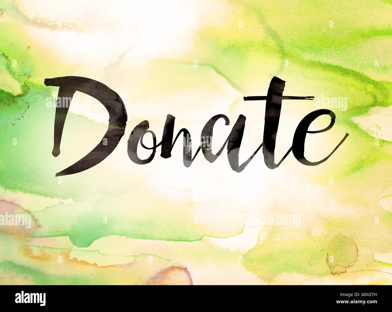 The word "Donate" written in black paint on a colorful watercolor ...
