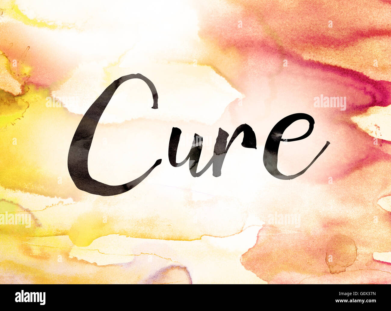 The word "Cure" written in black paint on a colorful watercolor washed ...