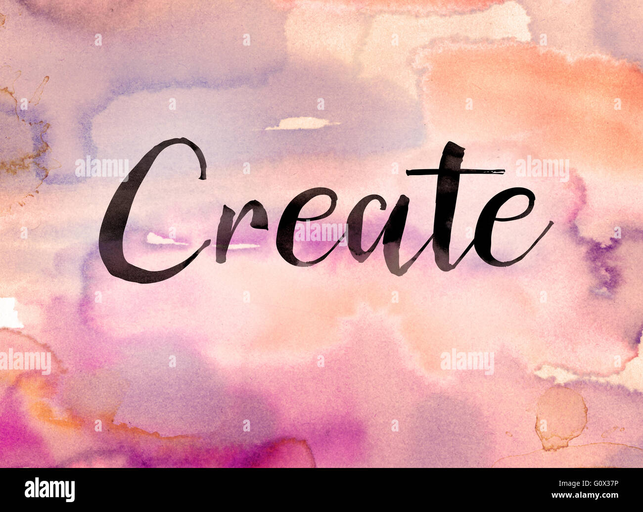 The word "Create" written in black paint on a colorful watercolor ...
