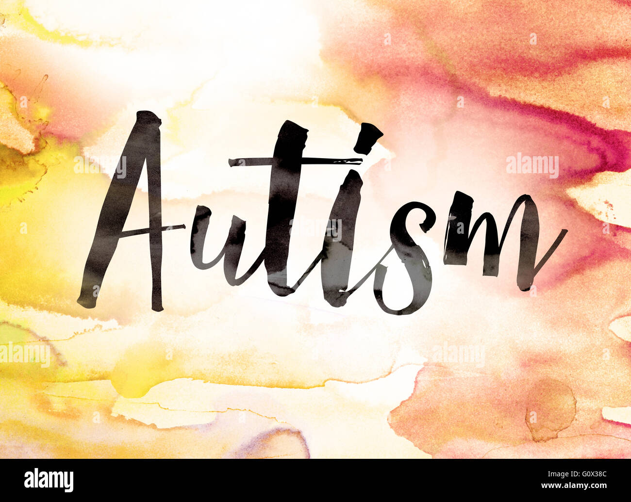 The word "Autism" written in black paint on a colorful watercolor ...