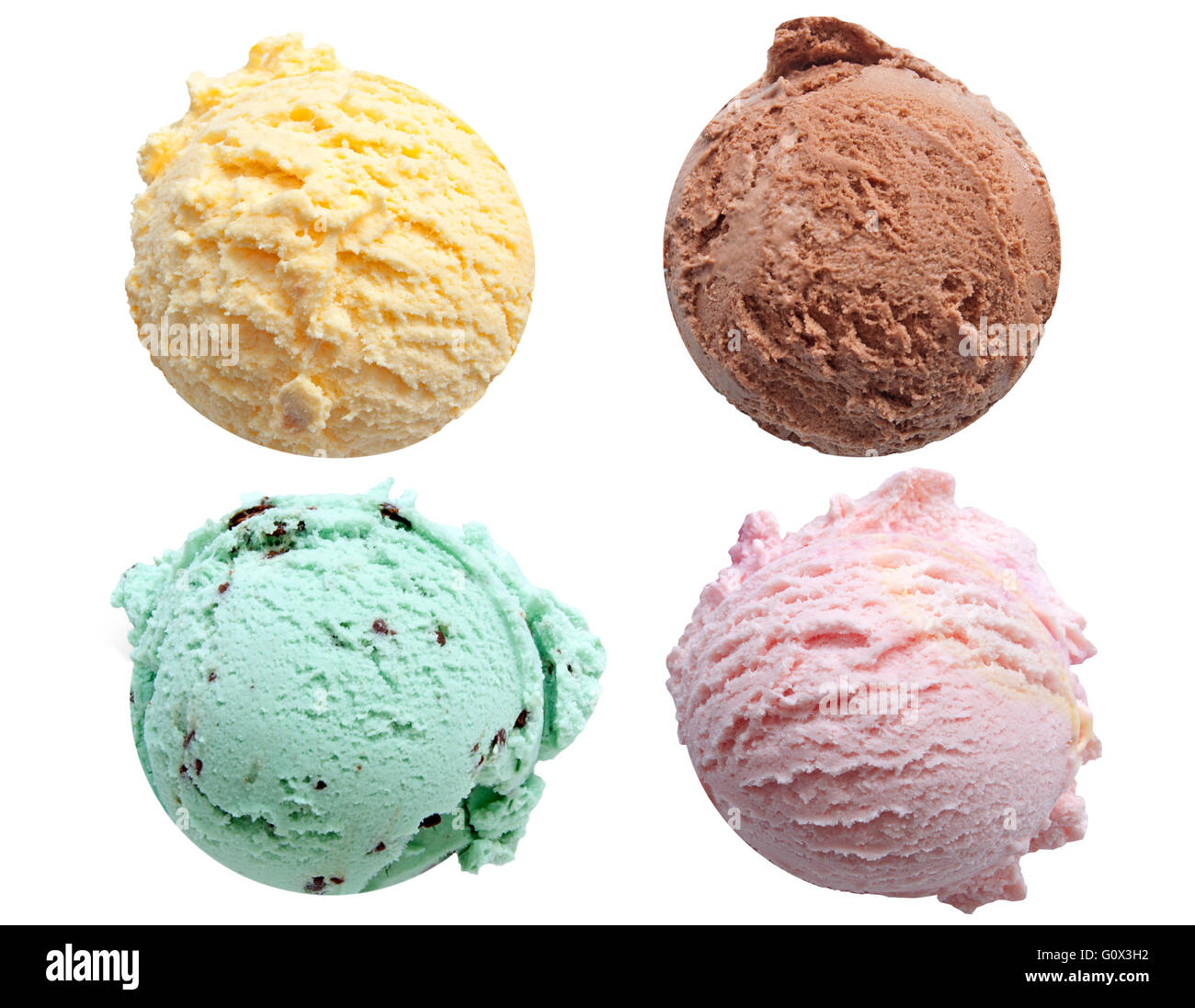 Four ice cream scoops isolated on a white background including vanilla ...