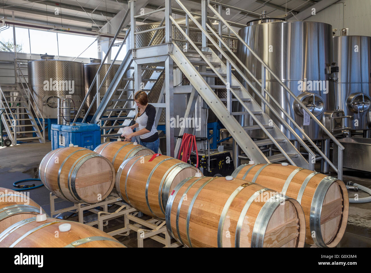 Worker topping up wine barrel in fermentation area at Mending Wall ...
