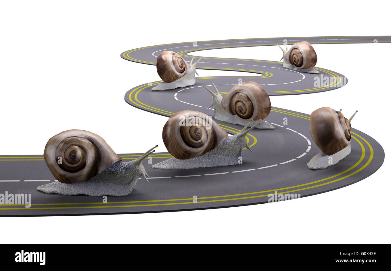 snails traveling a road slowly, 3d illustration Stock Photo - Alamy