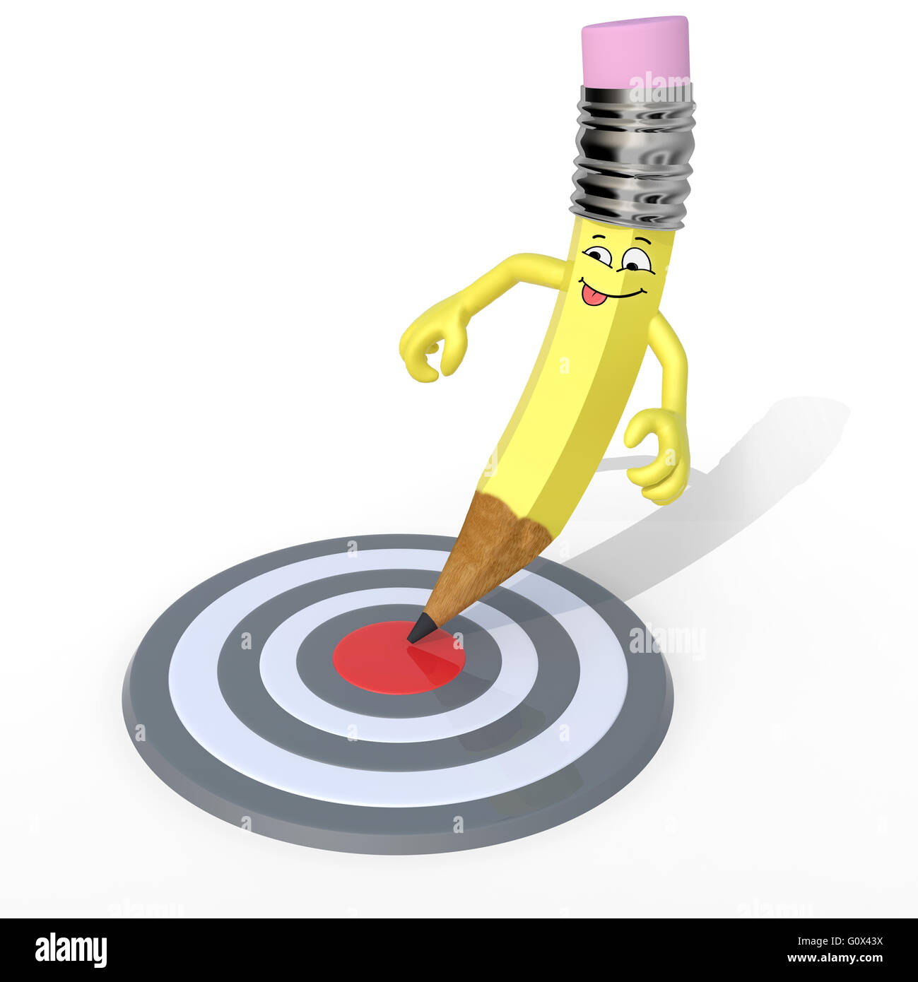 cartoon yellow pencil pointed to center of target, 3d illustration ...