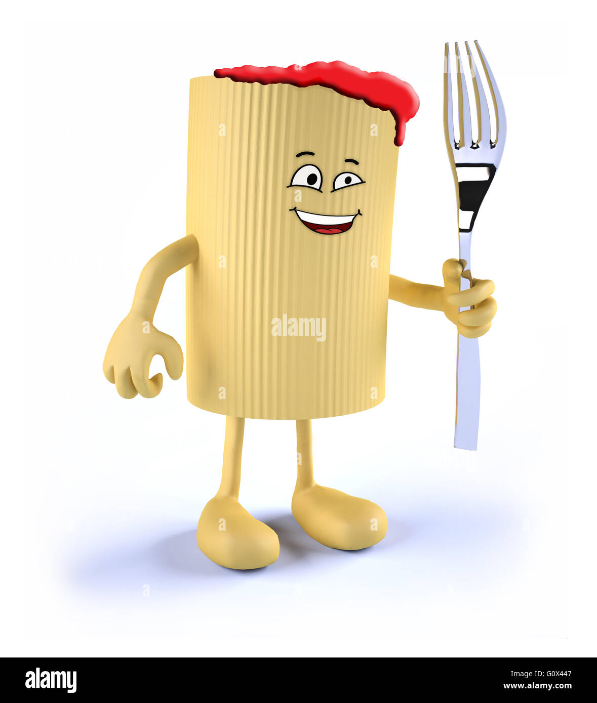 macaroni pasta with face, arms, legs and fork on hand, 3d illustration ...