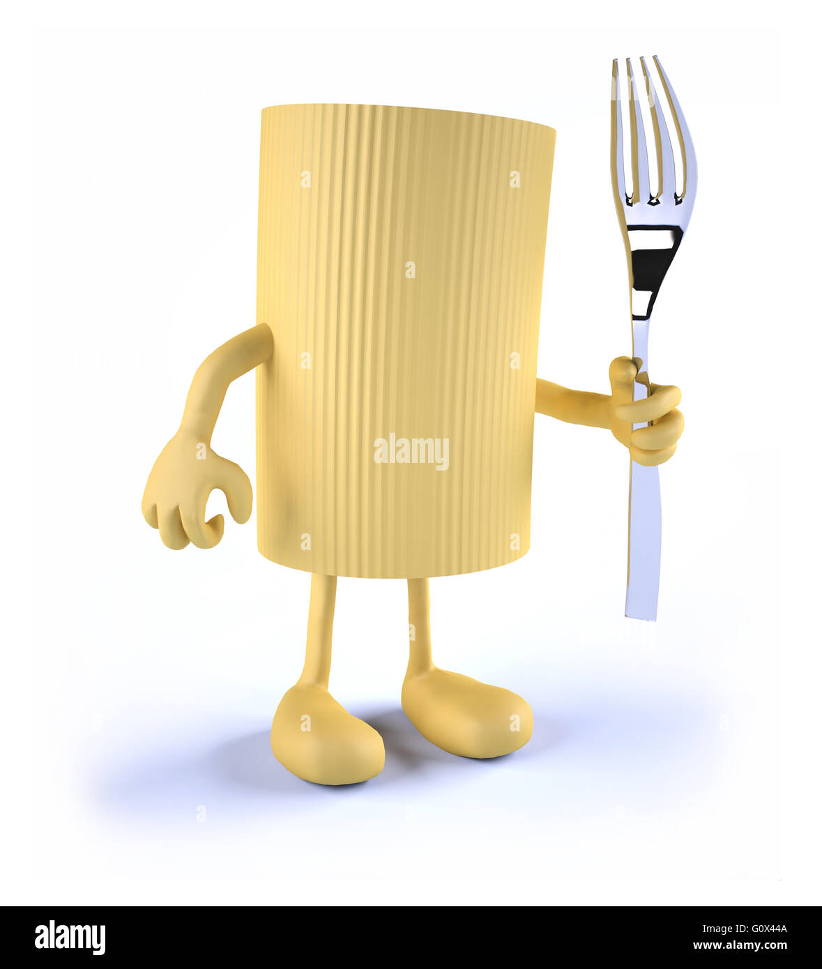 macaroni pasta with arms, legs and fork on hand, 3d illustration Stock ...