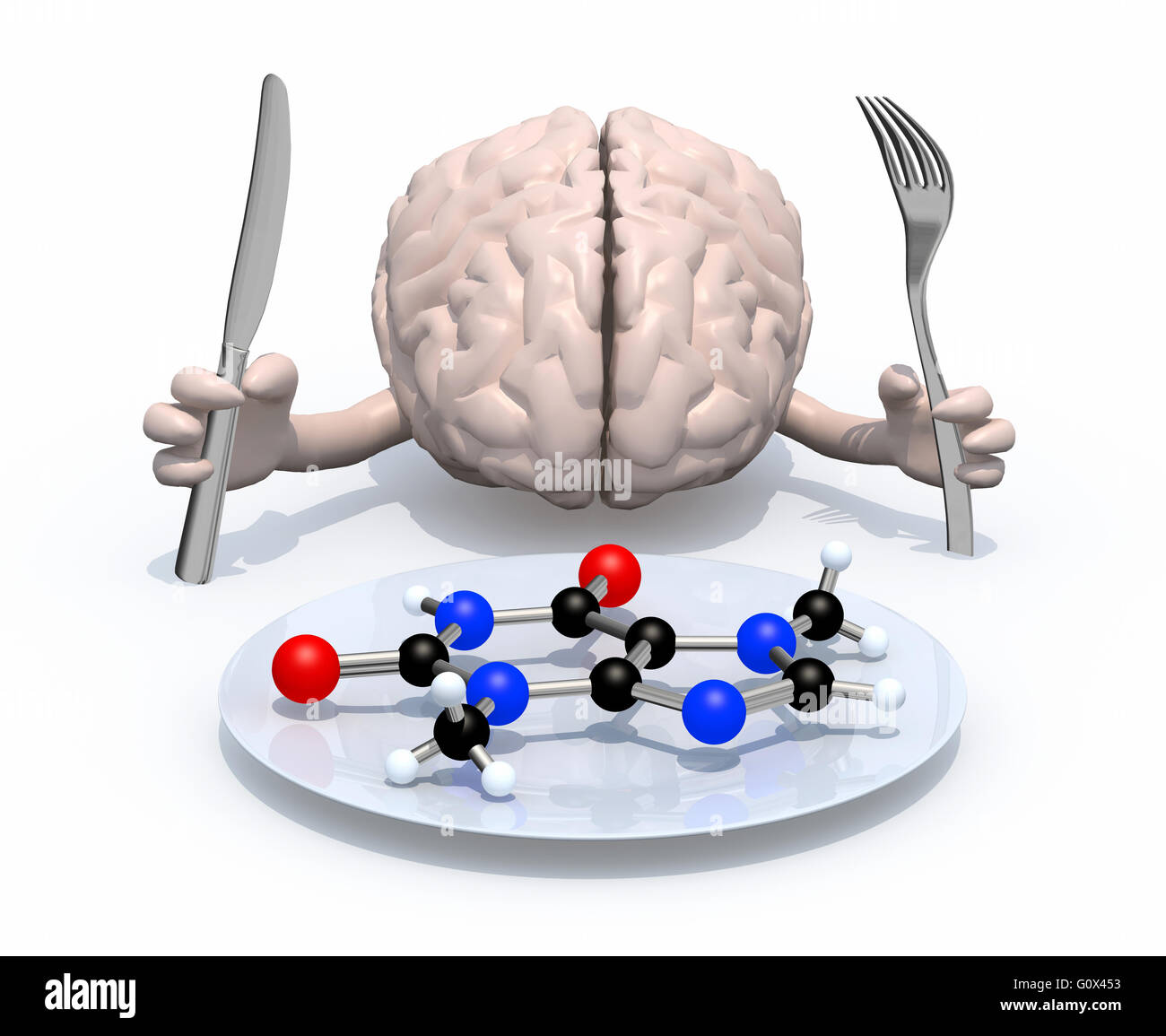 Human brain with arms and cutlery in hand, in front of a plate with the ...