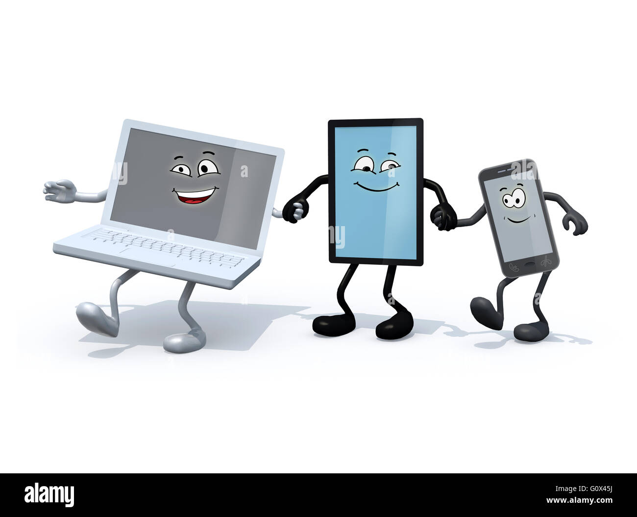 notebook, tablet and smartphone with arms and legs hand in hand, 3d ...