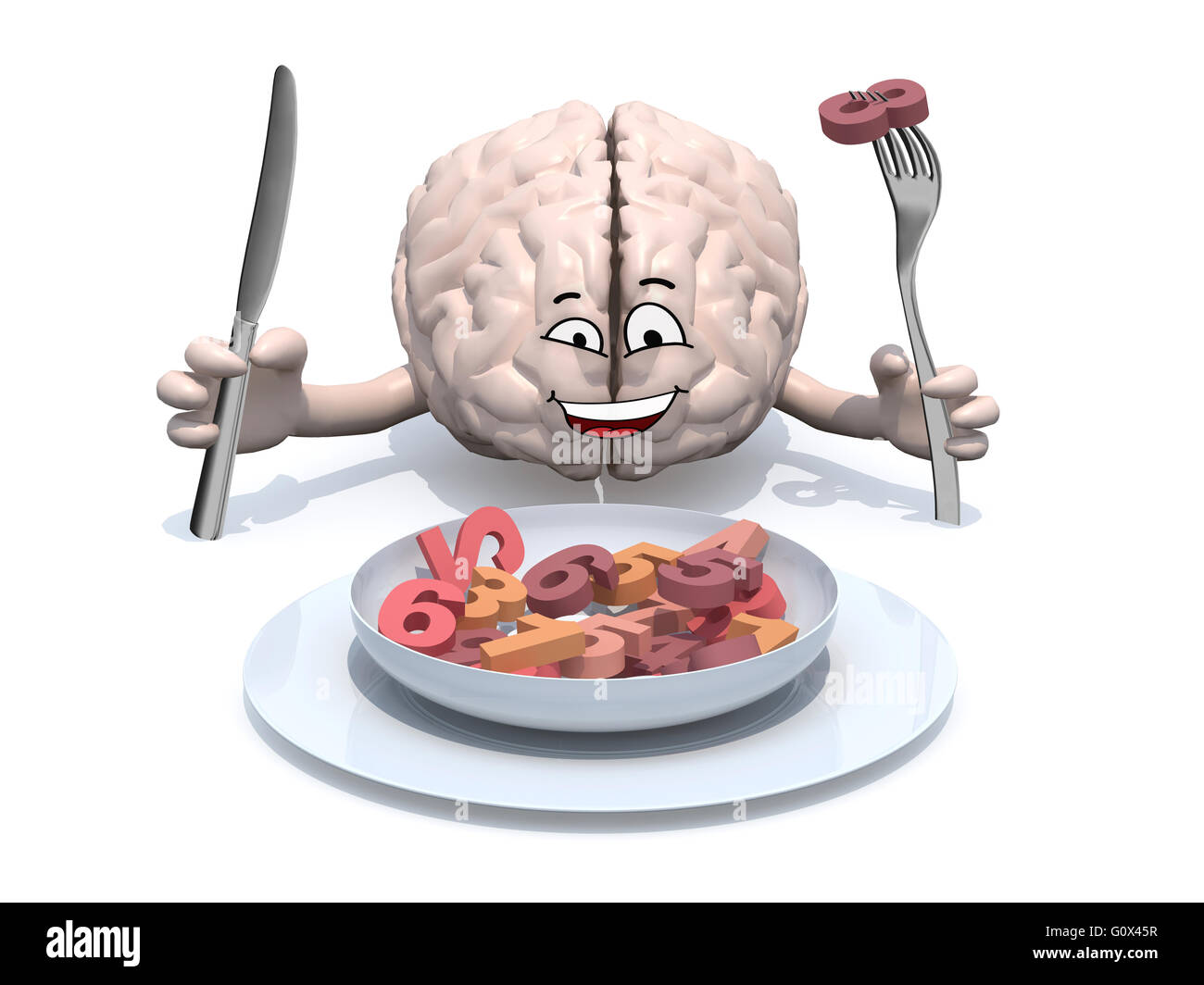 human brain with arms, fork and knife in hand in front of plate with ...