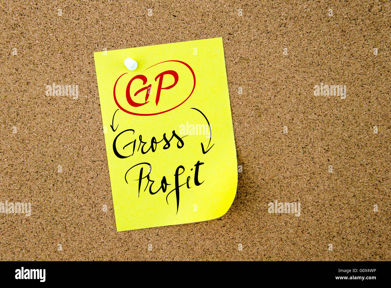 Business Acronym GP Gross Profit written on yellow paper note pinned on ...