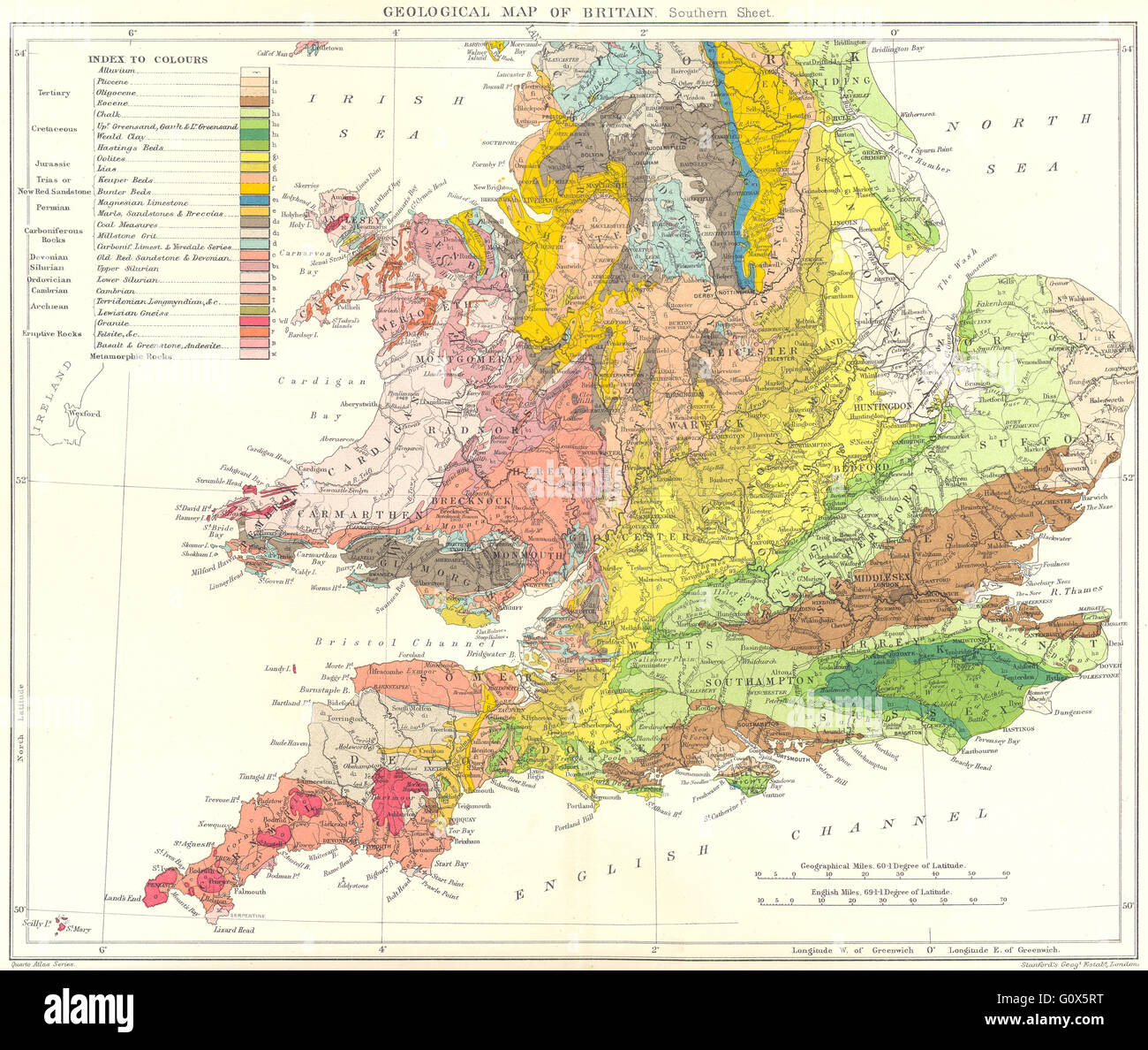 UK GEOLOGICAL: Southern Sheet. England & Wales. STANFORD, 1906 antique ...