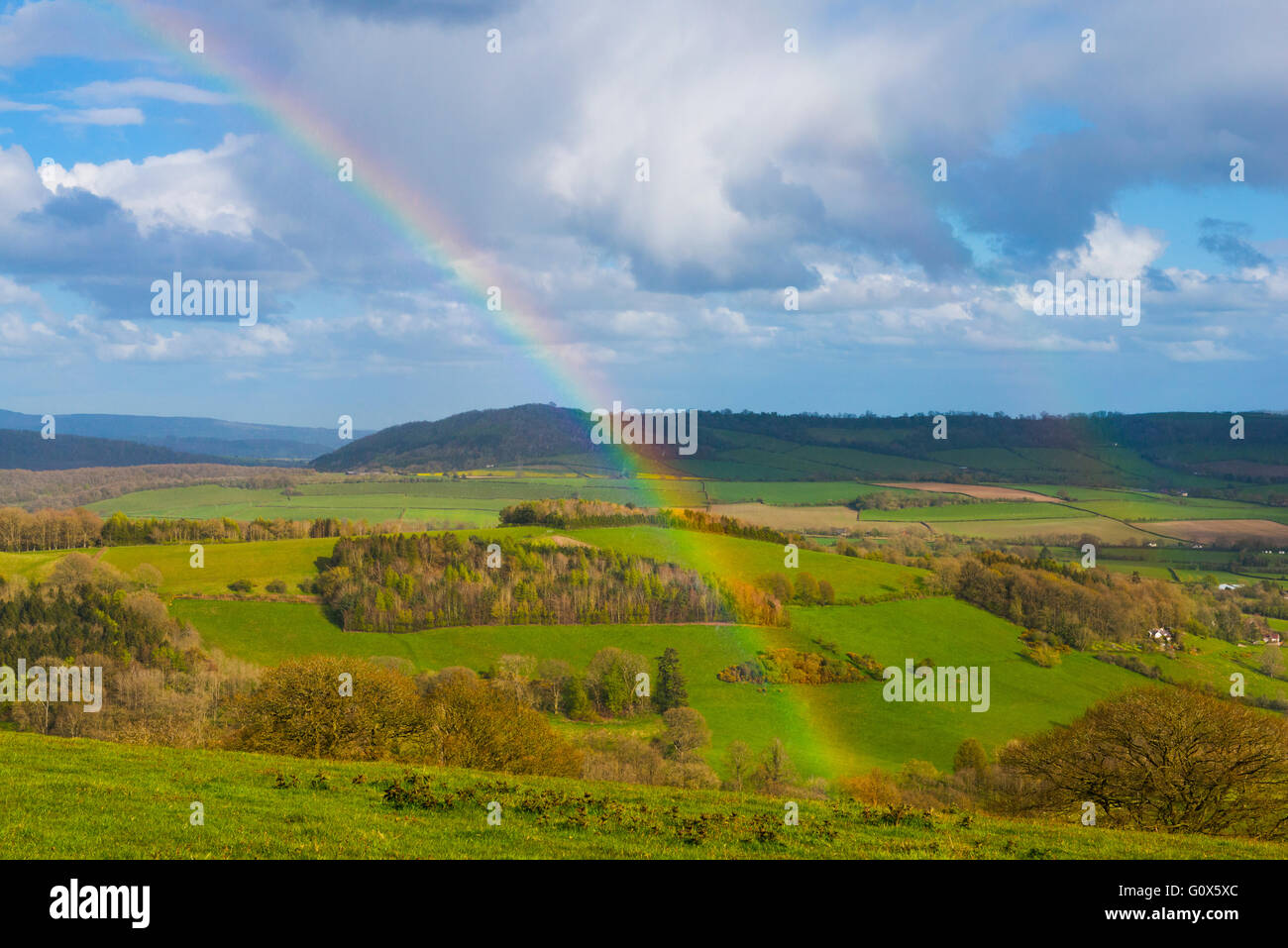A rainbow over the South Shropshire countryside, during a spring shower ...