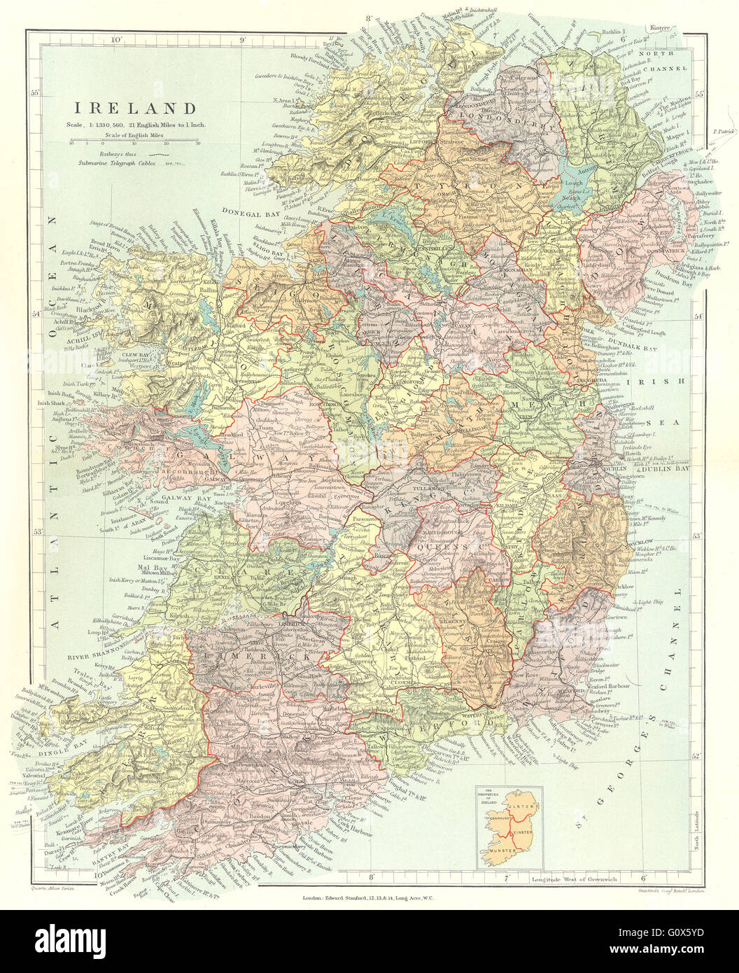 IRELAND: Showing counties, railways & towns. STANFORD, 1906 antique map ...