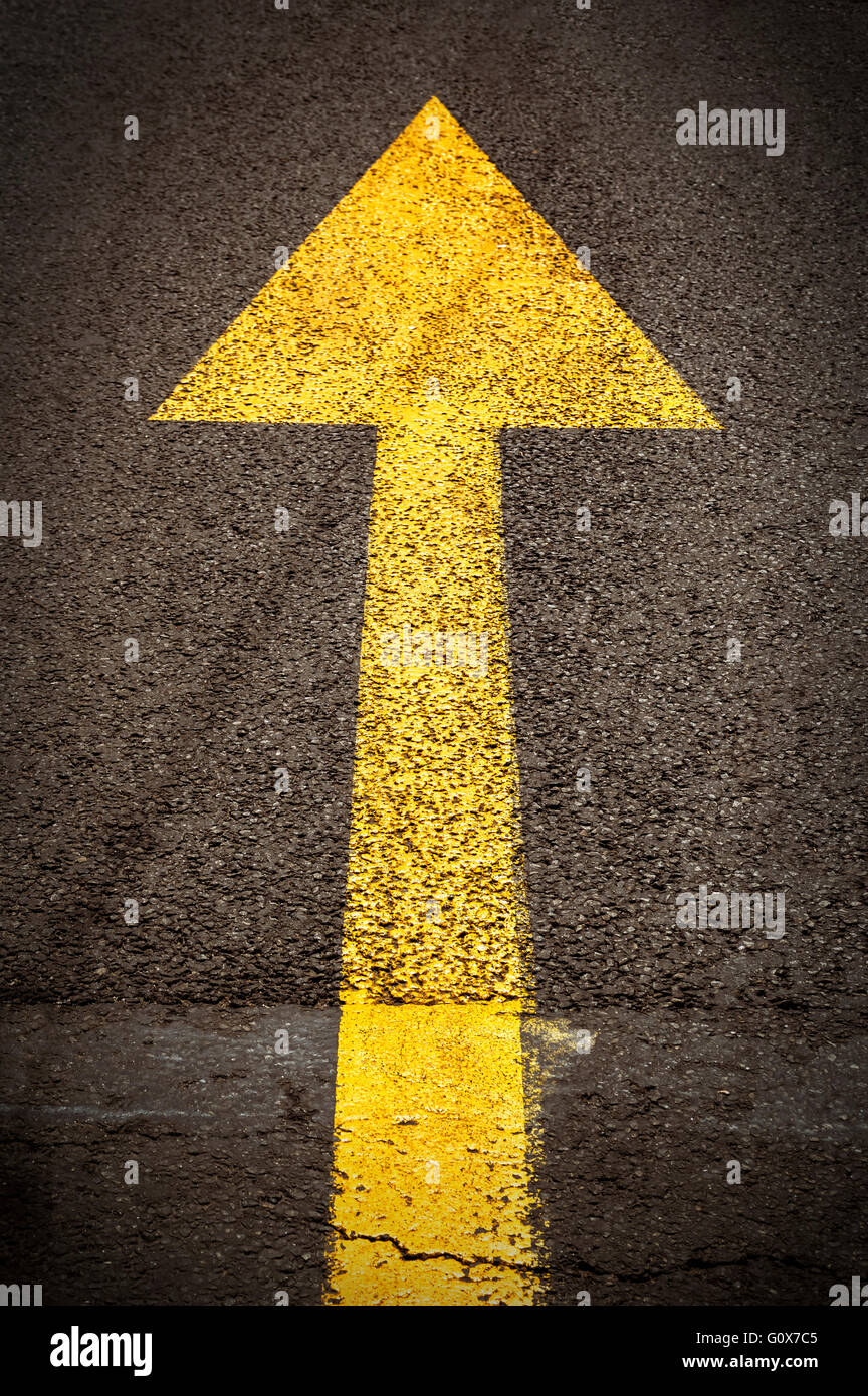 Yellow forward road sign on the asphalt road Stock Photo - Alamy