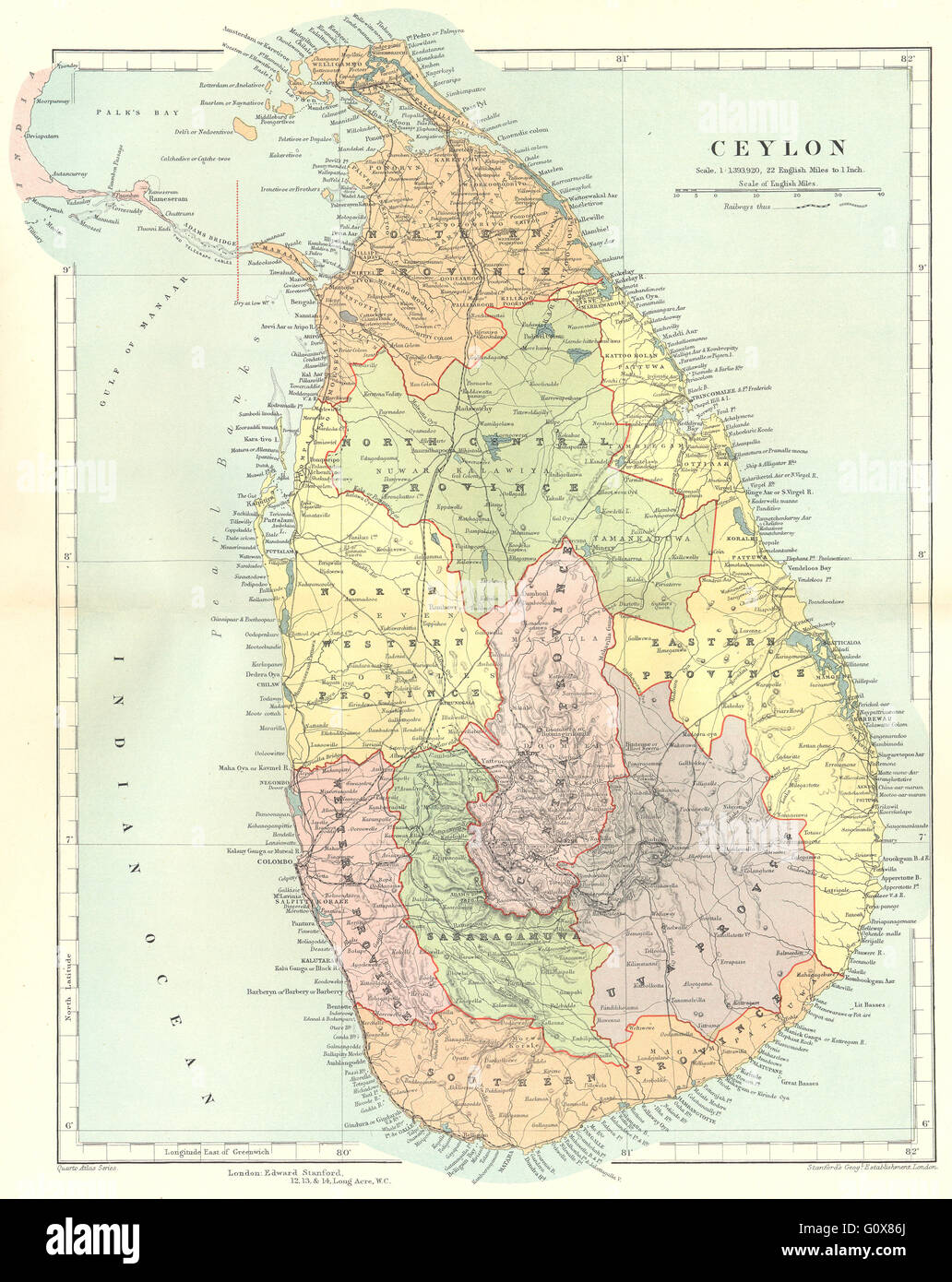 CEYLON: showing provinces & railways. Sri Lanka. STANFORD, 1906 antique ...