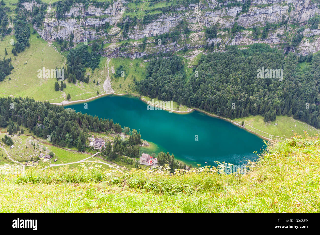 Aerial view of Seealpsee (lake) on the alpstein mountain in Switzerland ...