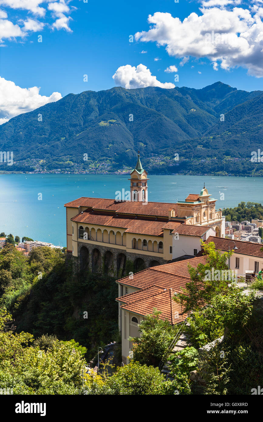 View of Madonna del Sasso Church above Locarno city and the Maggiore ...