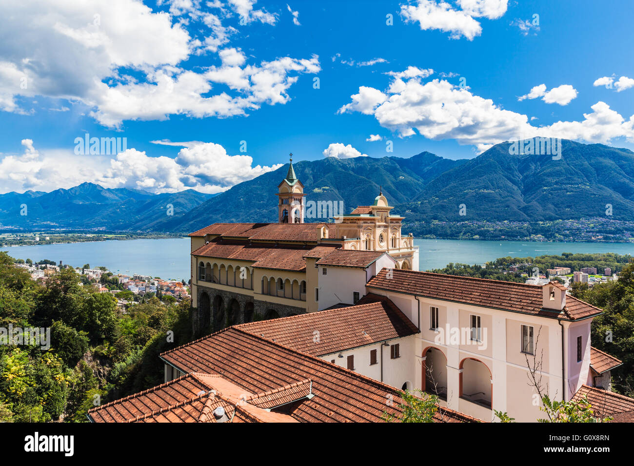 View of Madonna del Sasso Church above Locarno city and the Maggiore ...