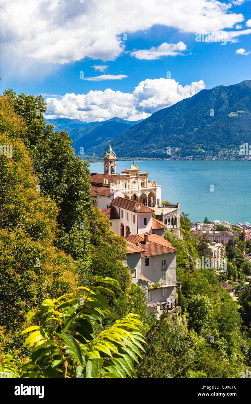 Stunning view of Madonna del Sasso Church above Locarno city and the ...