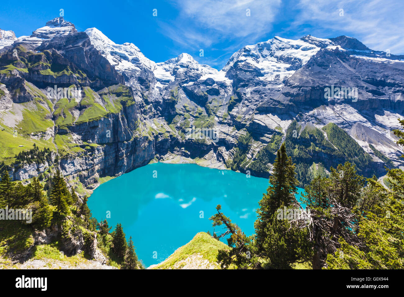 The panorama in summer view over the Oeschinensee (Oeschinen lake Stock ...