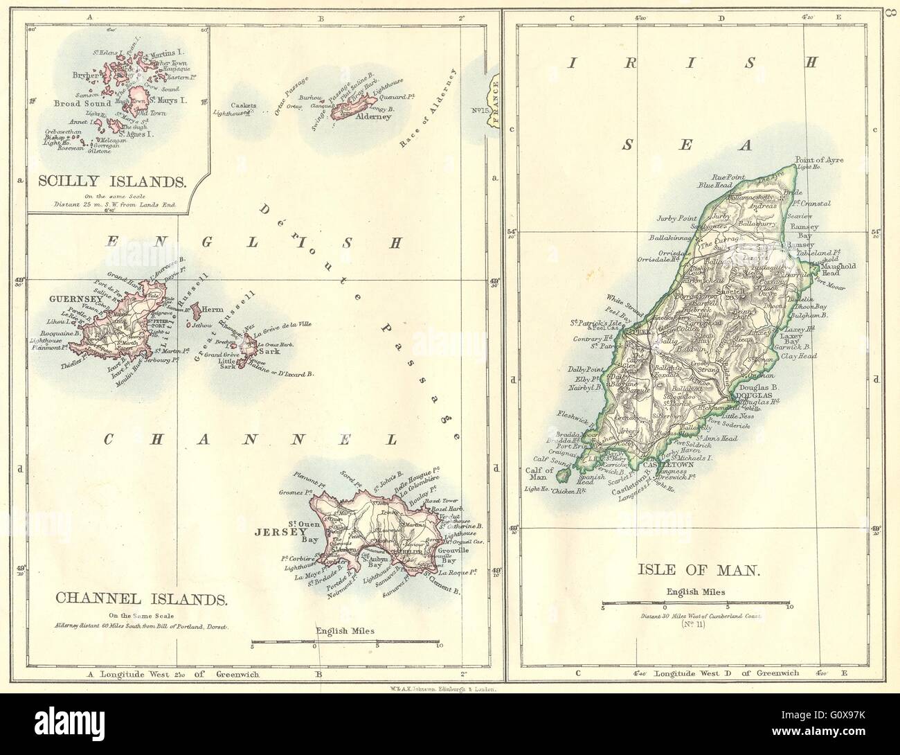 IOM: Isle of Man; Channel Islands; map Scilly, 1897 Stock Photo - Alamy