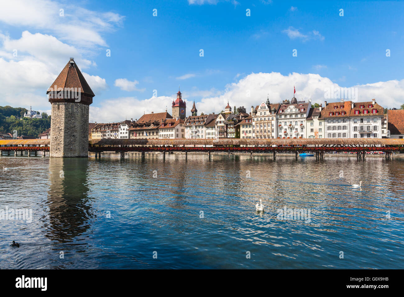 Cityscape of Lucerne old town, with the famous chapel bridge and ...