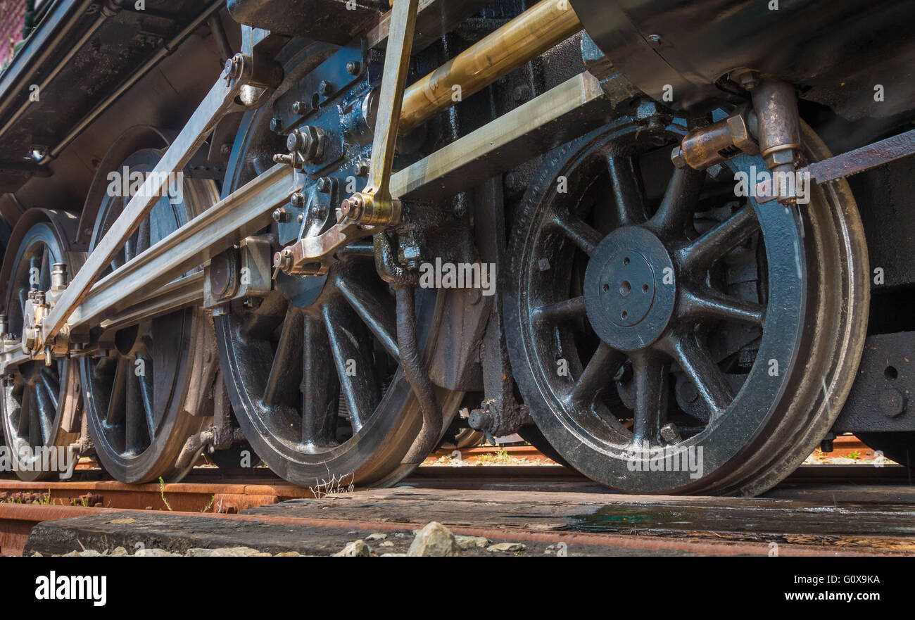 Close look at the drive wheels of a steam train Stock Photo - Alamy