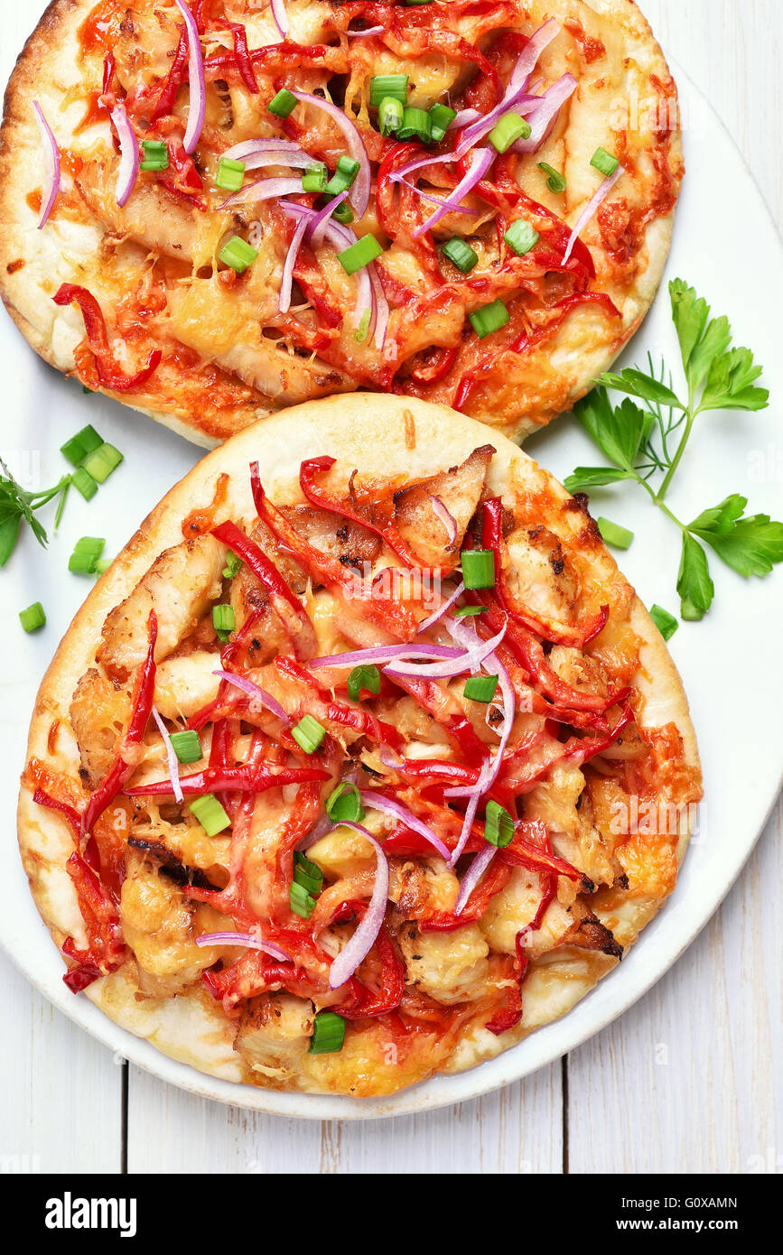 Pizza with chicken meat and vegetables, top view Stock Photo - Alamy
