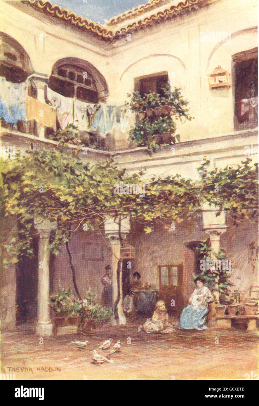 SPAIN: Seville-A Courtyard, antique print 1908 Stock Photo - Alamy