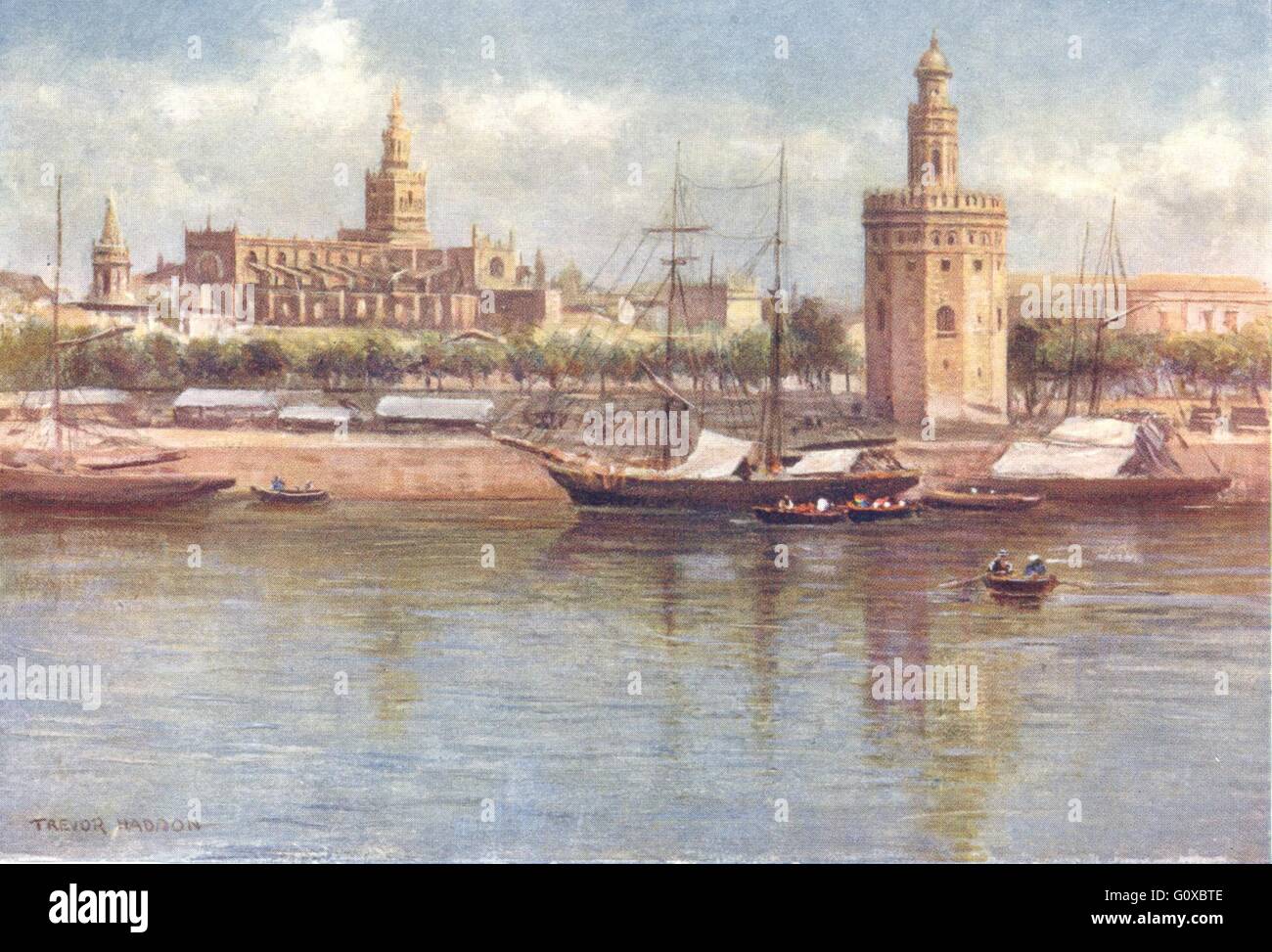 SPAIN: Seville-The Torre del Oro and the Cathedral, antique print 1908 ...