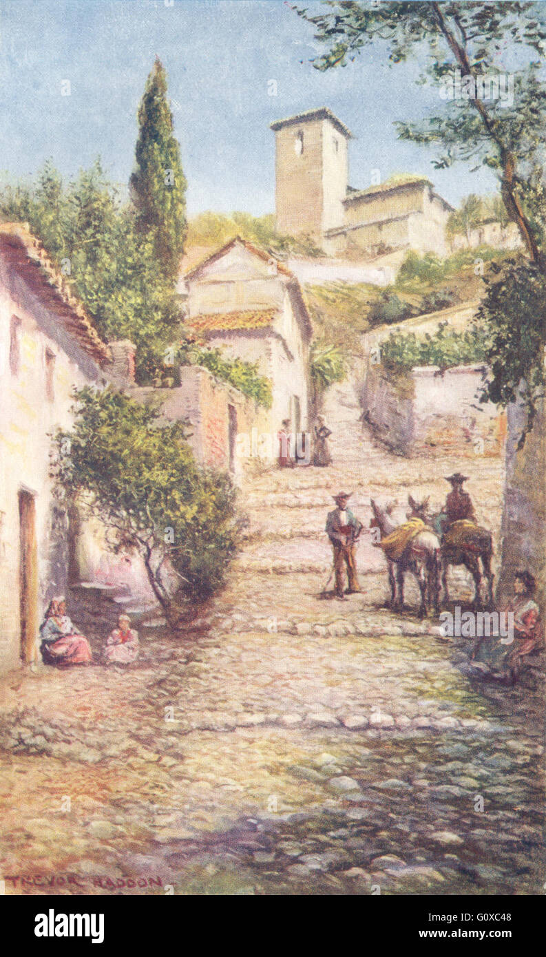 SPAIN: Granada-Street in the old Quarter, antique print 1908 Stock ...