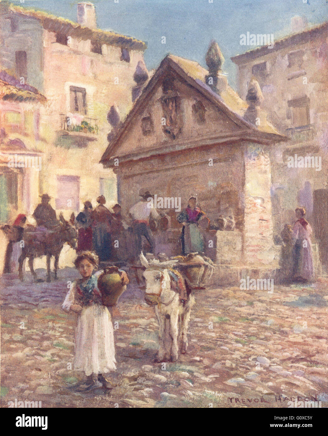 SPAIN: Ronda-At the fountain, antique print 1908 Stock Photo - Alamy