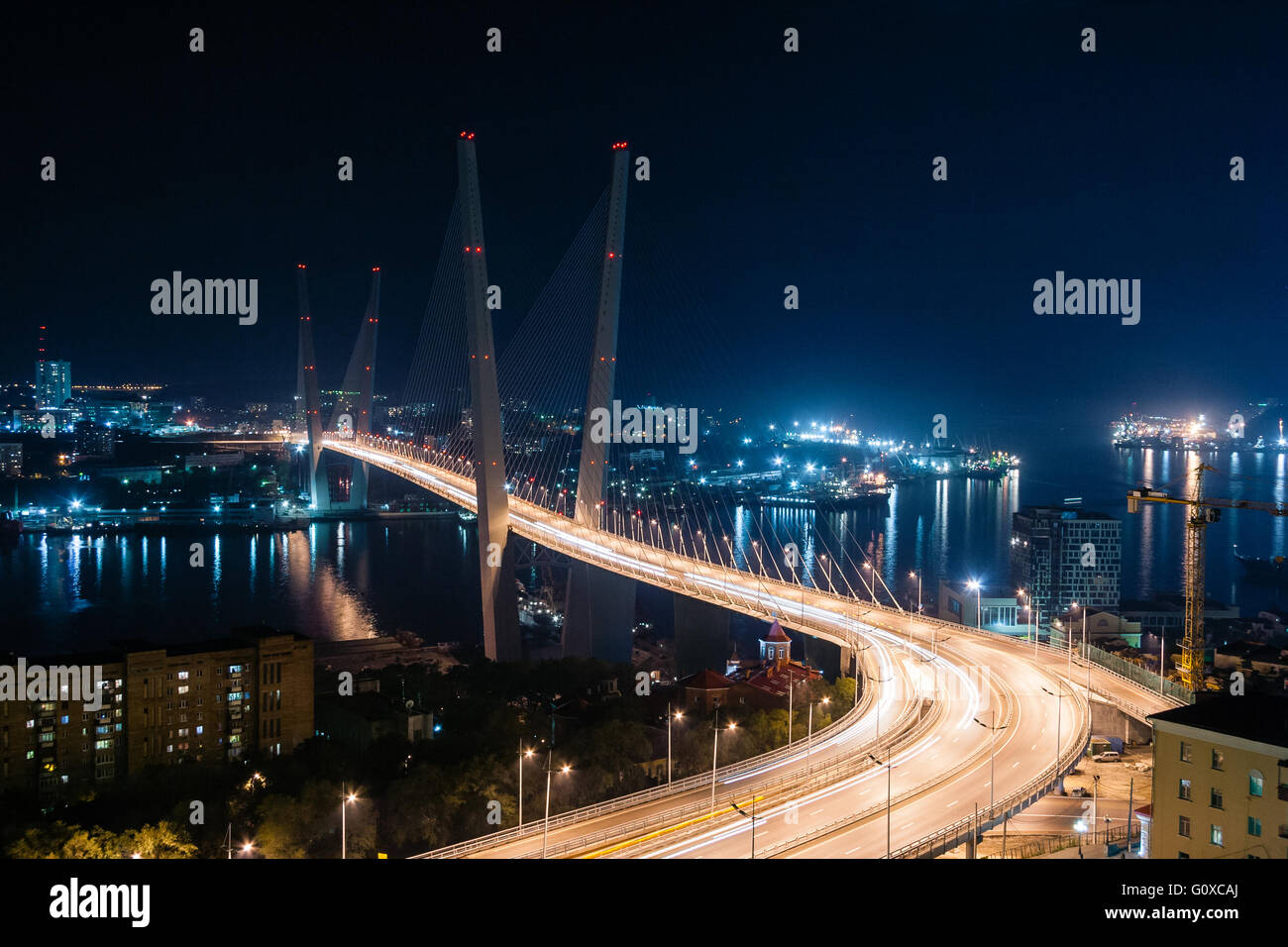 Golden Bridge in Vladivostok, Russia by night Stock Photo - Alamy
