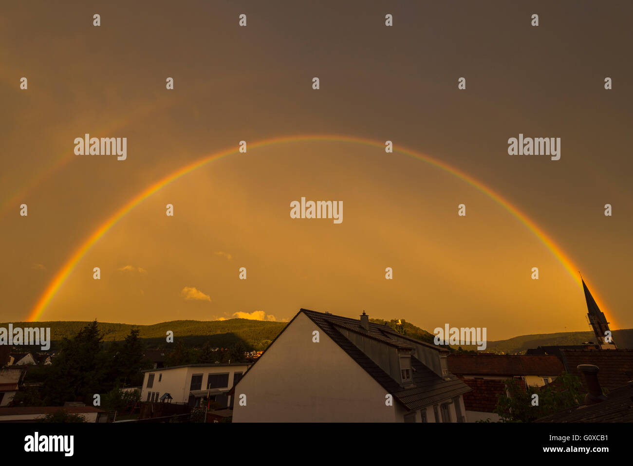 Rainbow in Summer, Grossheubach, Miltenberg District, Bavaria, Germany ...