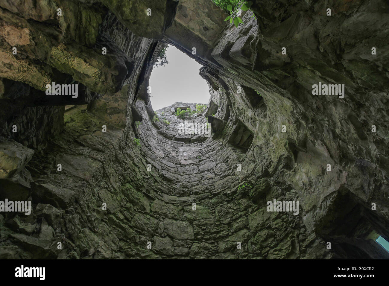 Castle turret ruin - view up inside of turret remains at Monea Castle ...