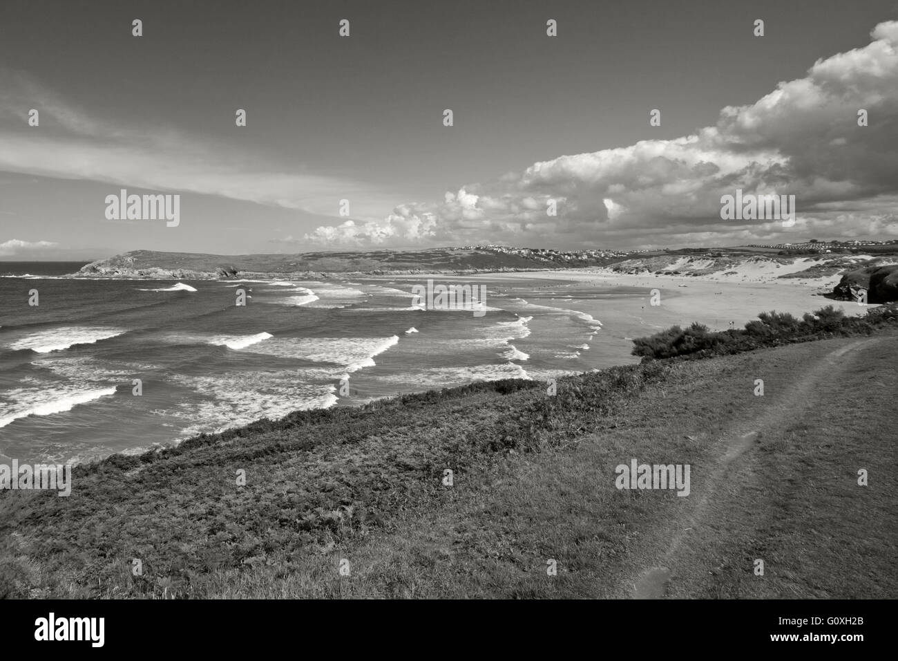 Polzeath beach St Teath North Cornwall black and white image Stock ...