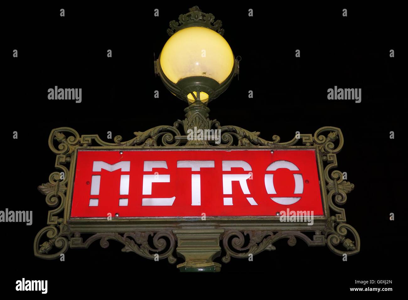 Sign at the entrance of a metro (Metropolitain) subway station in Paris ...