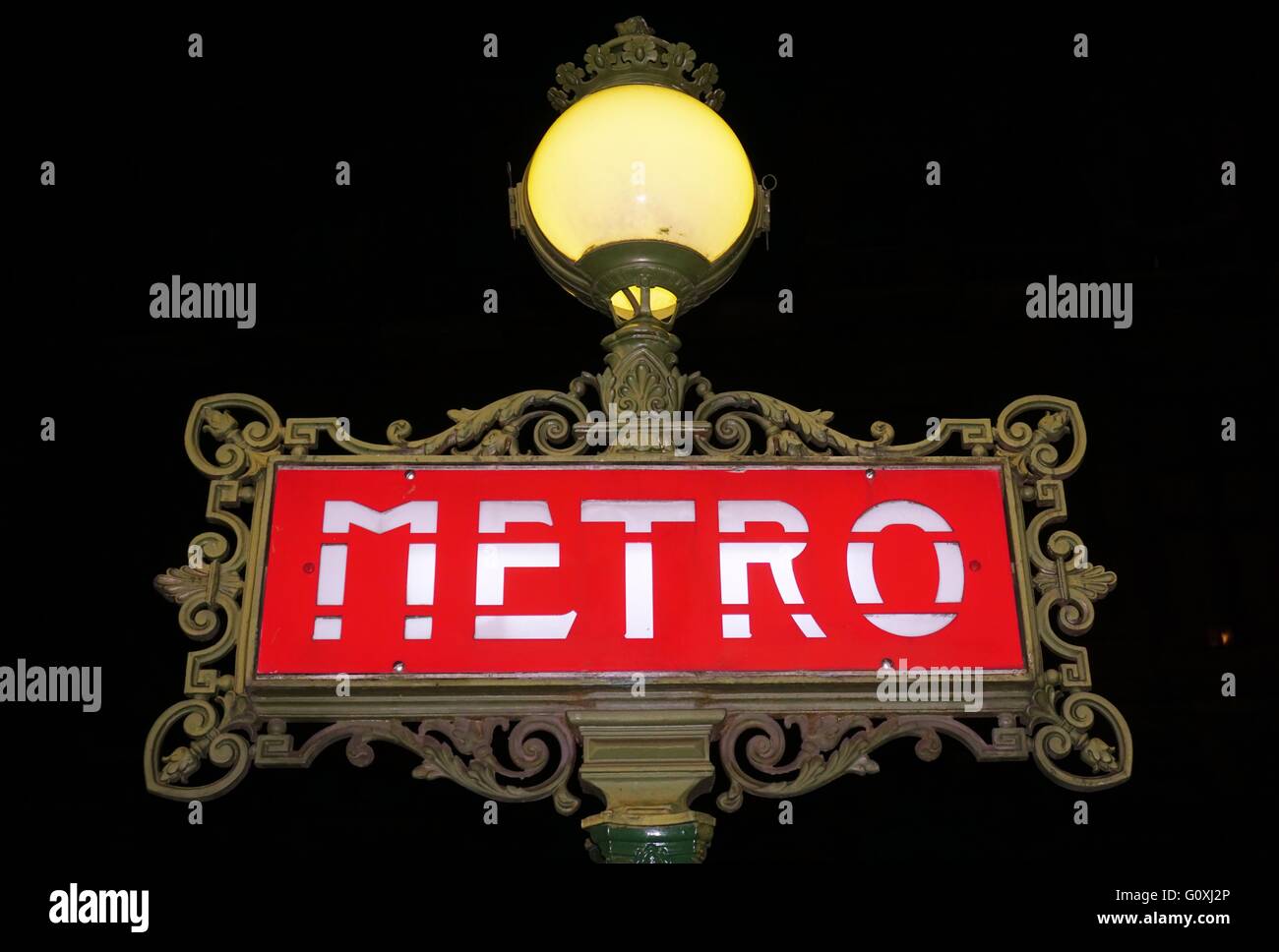 Sign at the entrance of a metro (Metropolitain) subway station in Paris ...