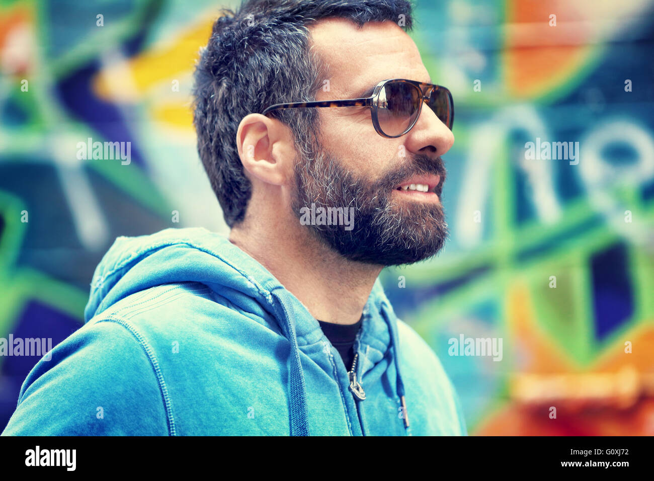 Closeup portrait of a handsome man with stylish beard and sunglasses ...
