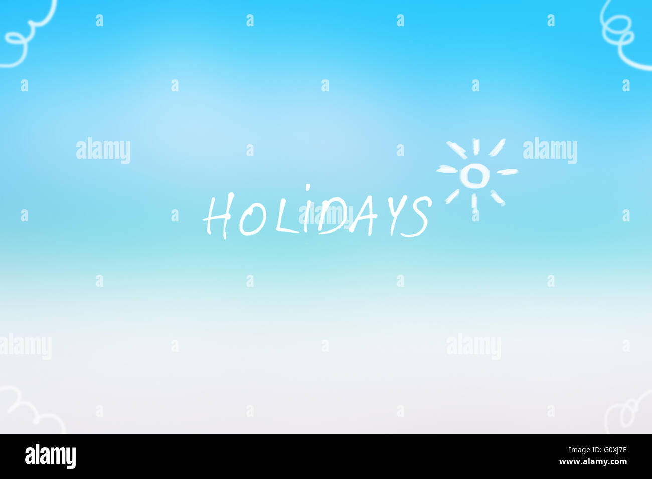 Blue blur beach background with text and drawings, copy space, summer ...