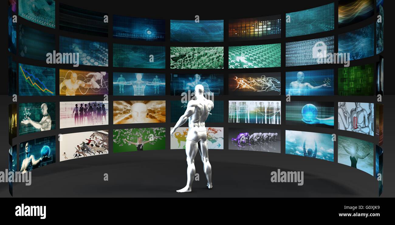 Man Looking into Video Wall Screens in 3d Stock Photo - Alamy