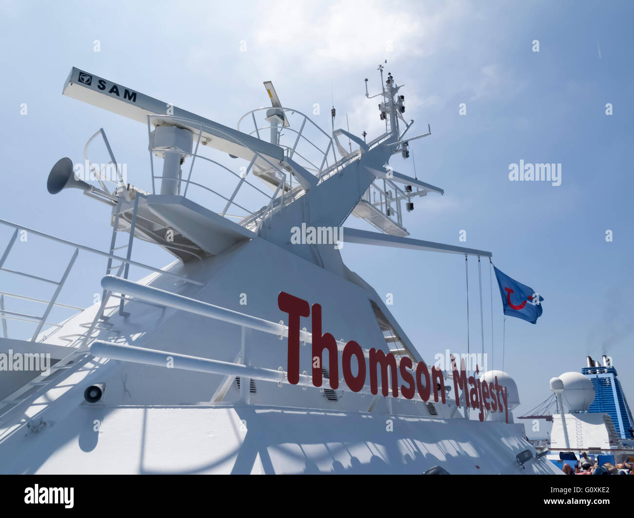Radar and communications tower of the Thomson Majesty cruise ship Stock ...