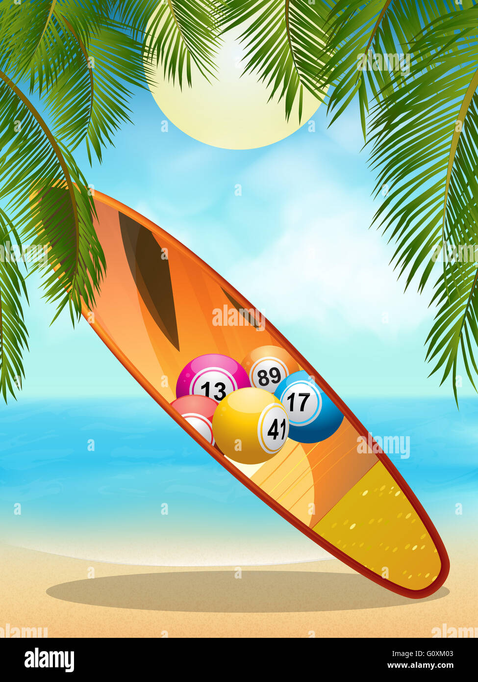 Surfboard with Bingo Lotto Balls Design on Tropical Beach with Palm ...
