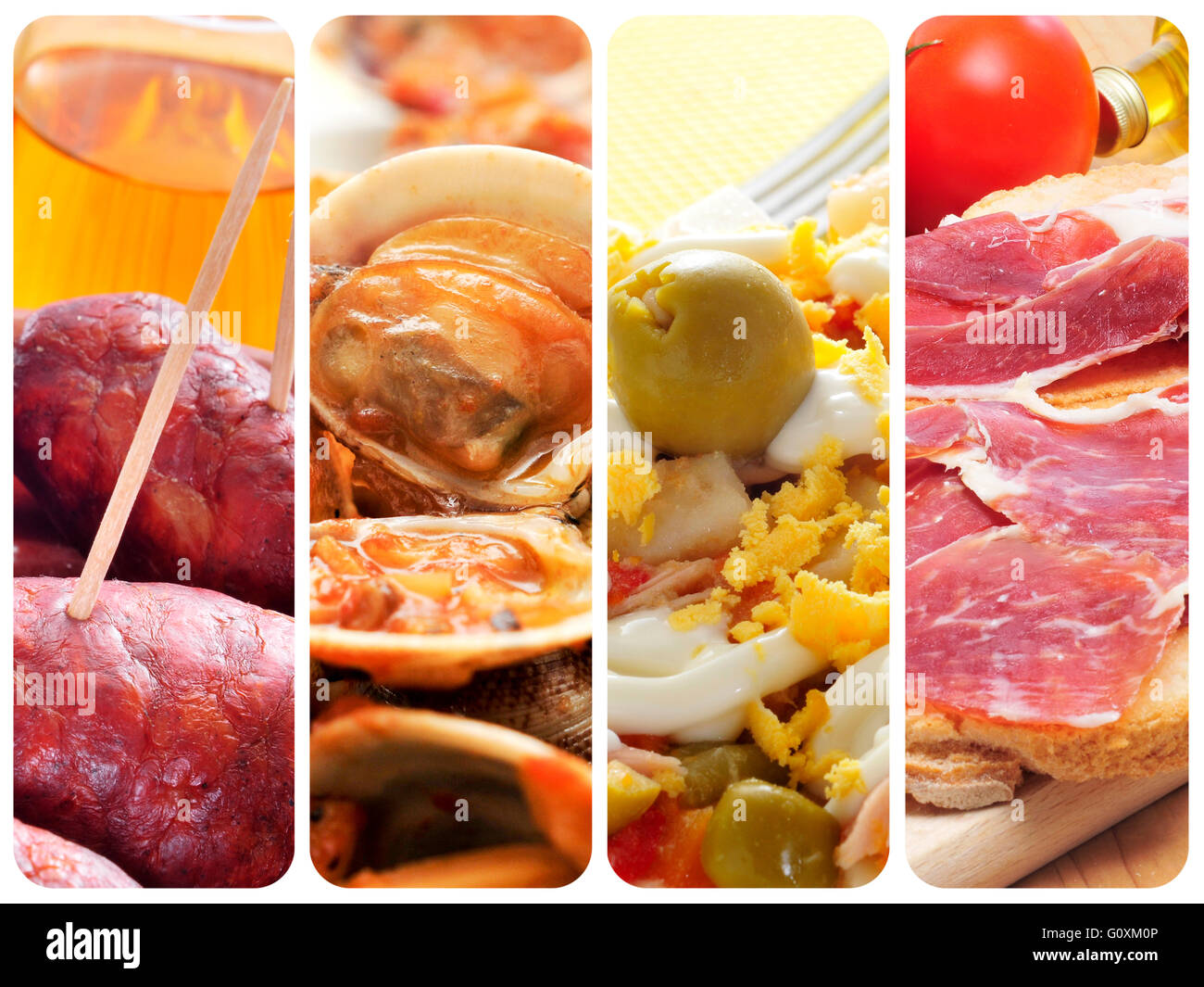 a collage of four pictures of different spanish tapas and dishes, such ...