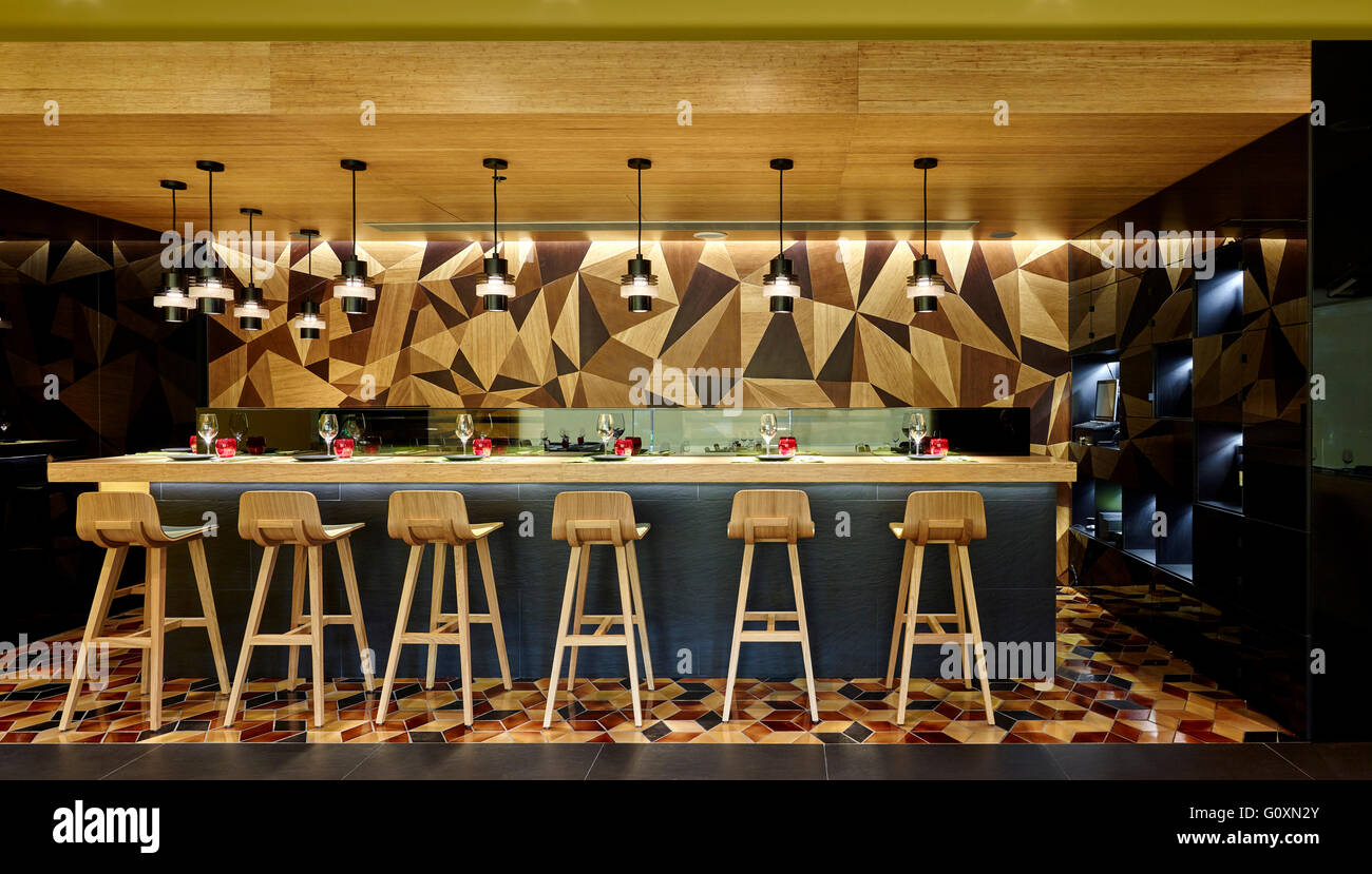 Aji Restaurant, Barcelona, Spain. A tall counter seating area with ...